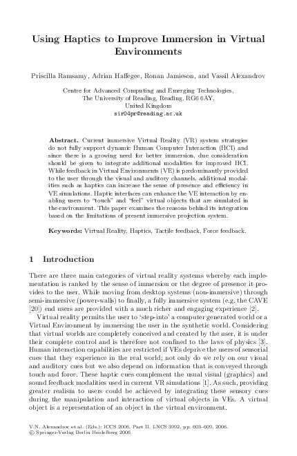 (PDF) Using Haptics to Improve Immersion in Virtual Environments