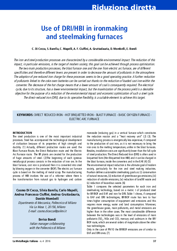 (PDF) Use of DRI/HBI in ironmaking and steelmaking furnaces