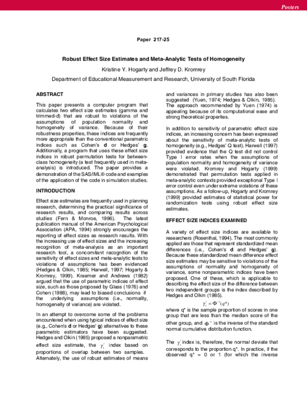 (PDF) Robust Effect Size Estimates and Meta-Analytic Tests of Homogeneity