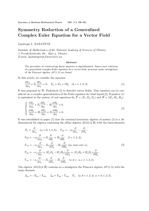 (PDF) Symmetry Reduction of a Generalized Complex Euler Equation for a ...
