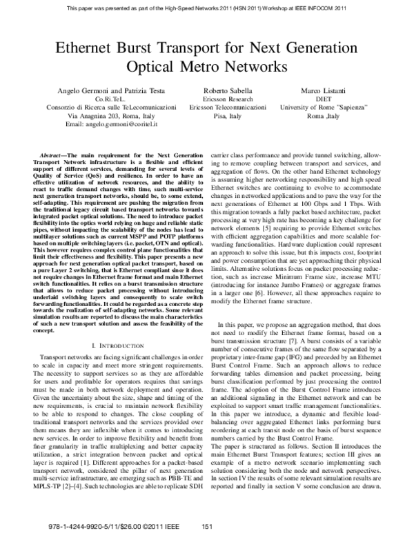 (PDF) Ethernet burst transport for next generation optical metro networks