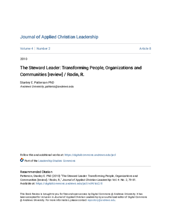 (PDF) The Steward Leader: Transforming People, Organizations and ...