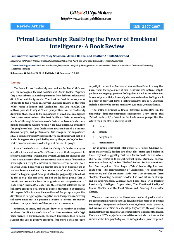 (PDF) Primal Leadership: Realizing the Power of Emotional Intelligence ...