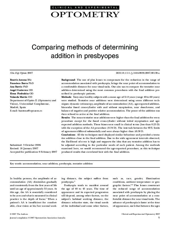 (PDF) Comparing Methods of Determining Addition In Presbyopes