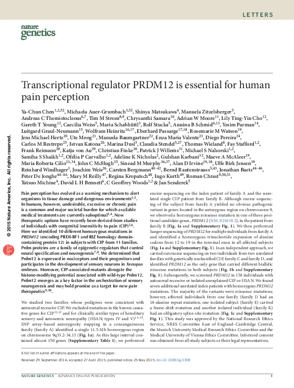 (PDF) Transcriptional regulator PRDM12 is essential for human pain ...
