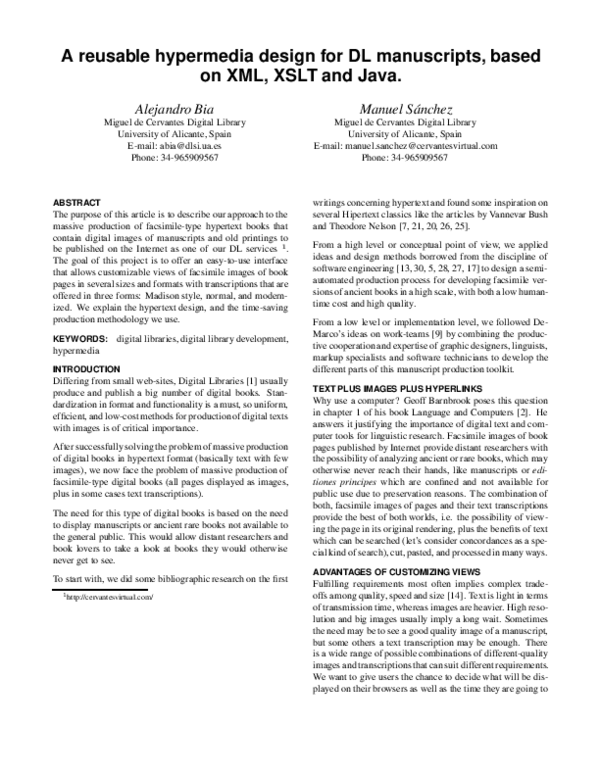 (PDF) A reusable hypermedia design for DL manuscripts , based on XML , XSLT and Java