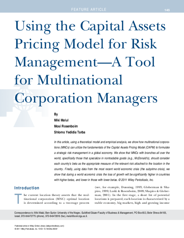 (PDF) Using the Capital Assets Pricing Model for risk management-A tool ...