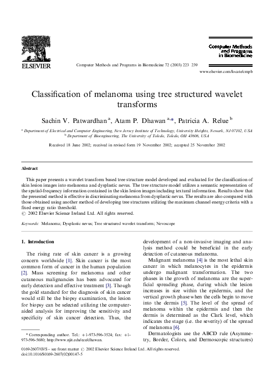 (PDF) Classification of melanoma using tree structured wavelet transforms | Atam Dhawan ...