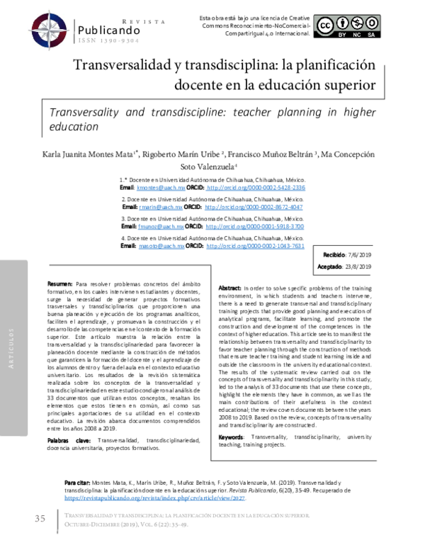 (PDF) Transversalidad y transdisciplina: la planificación docente en la educación superior