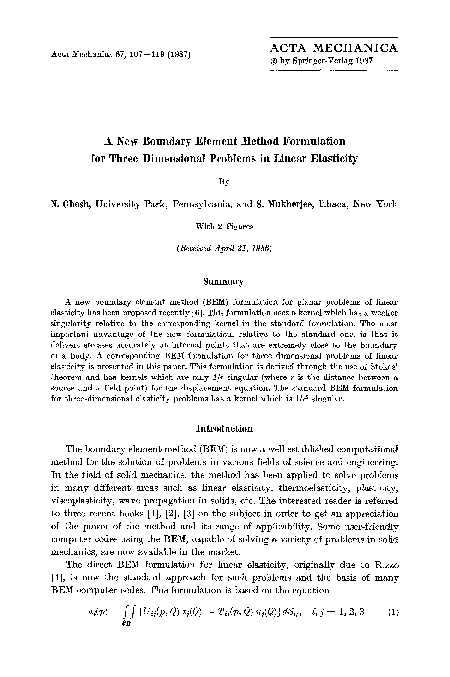 (PDF) A new boundary element method formulation for three dimensional problems in linear elasticity