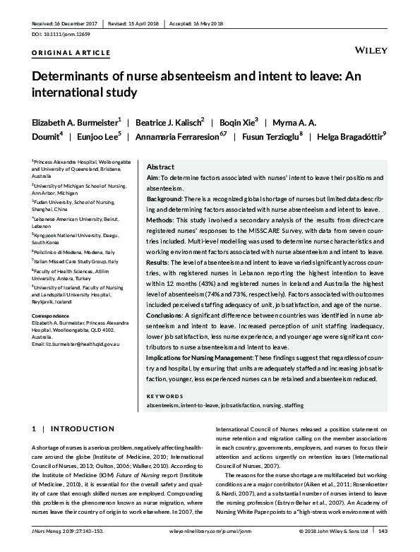 (PDF) Determinants of nurse absenteeism and intent to leave: An ...