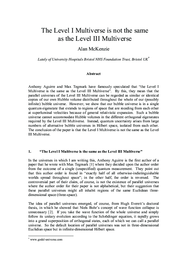 (PDF) The Level I Multiverse is not the same as the Level III Multiverse