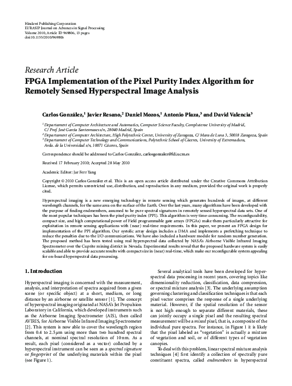 (PDF) FPGA implementation of the pixel purity index algorithm for remotely sensed hyperspectral ...