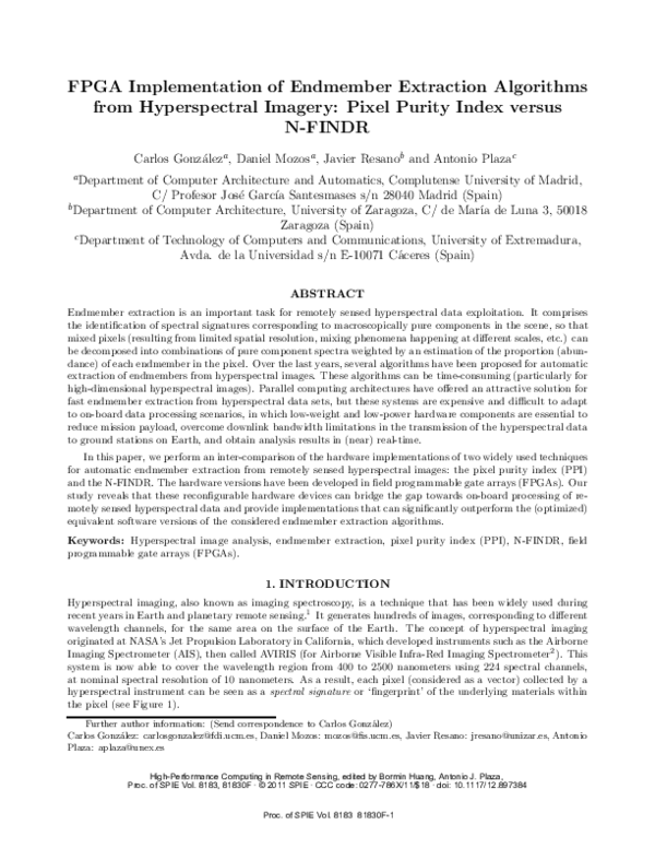 Pdf Fpga Implementation Of Endmember Extraction Algorithms From Hyperspectral Imagery Pixel