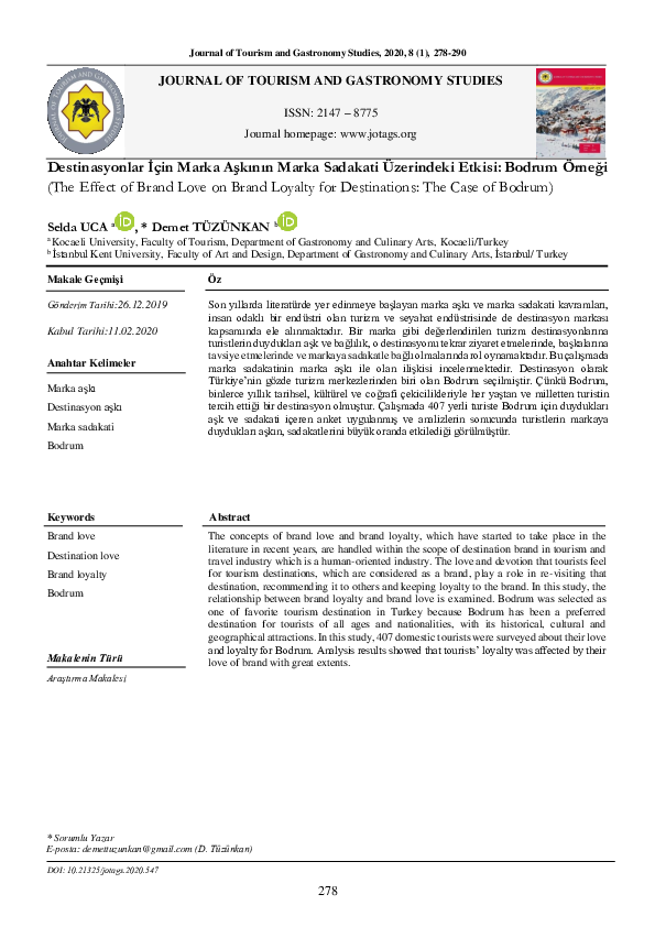 (PDF) Destinasyonlar İçin Marka Aşkının Marka Sadakati Üzerindeki ...