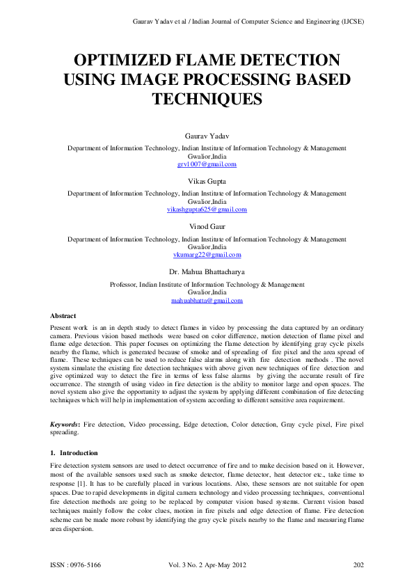 Pdf Optimized Flame Detection Using Image Processing Based Techniques