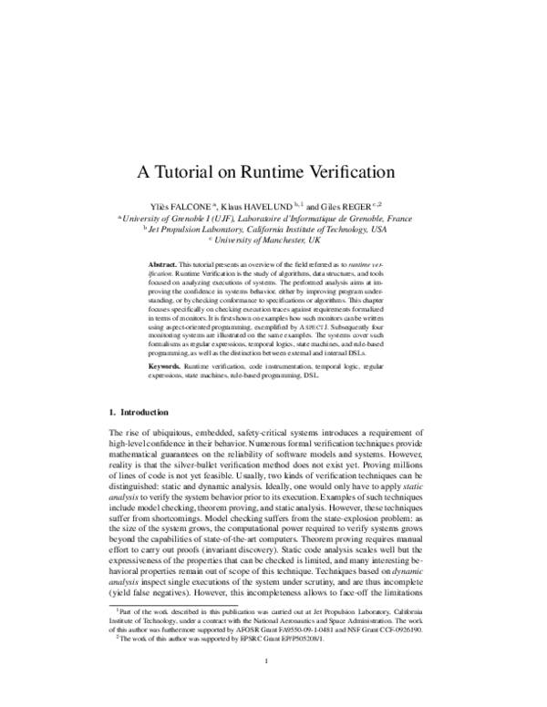 (PDF) A tutorial on runtime verification | Klaus Havelund - Academia.edu