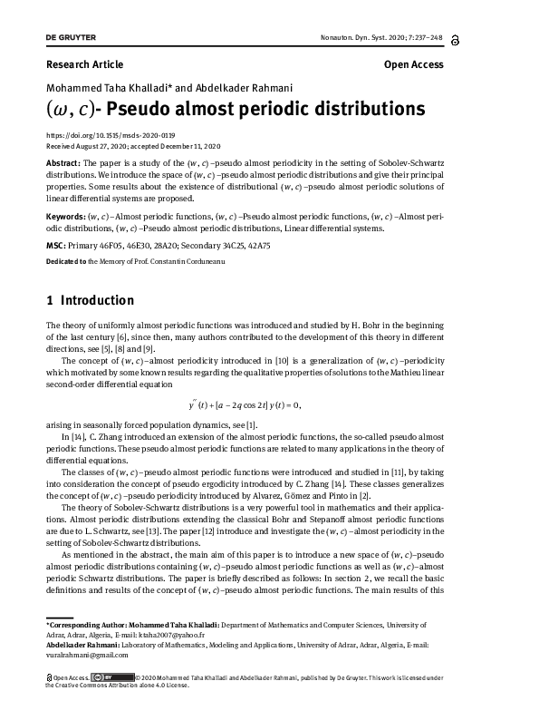 (PDF) (ω, c)- Pseudo almost periodic distributions