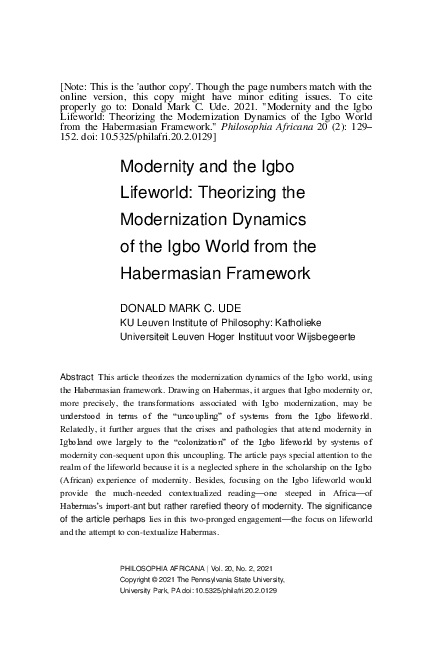 (PDF) Modernity and the Igbo Lifeworld: Theorizing the Modernization ...