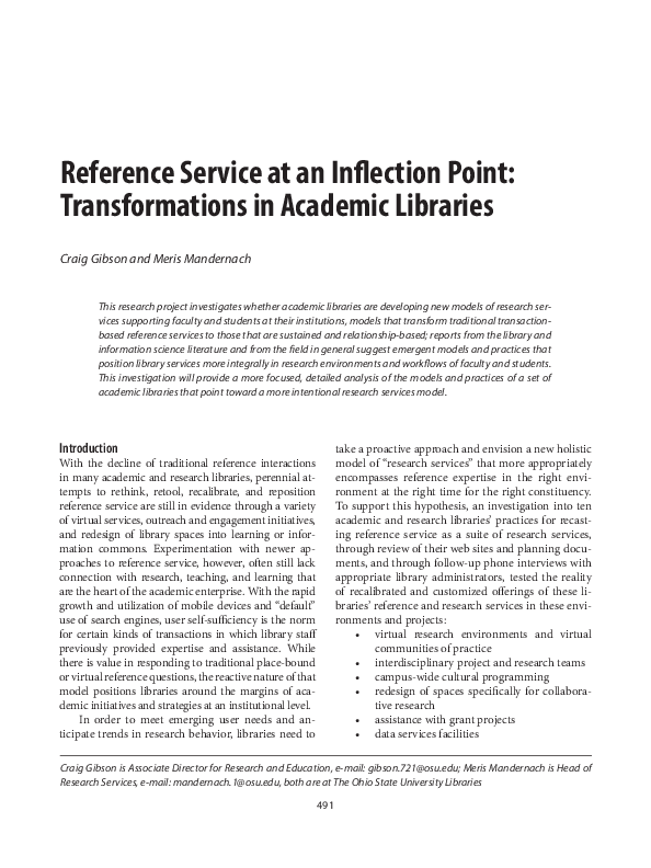 (PDF) Reference Service at an Inflection Point: Transformations in ...