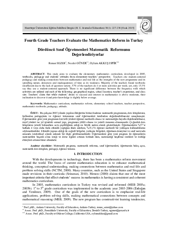 (PDF) Fourth Grade Teachers Evaluate the Mathematics Reform in Turkey ...