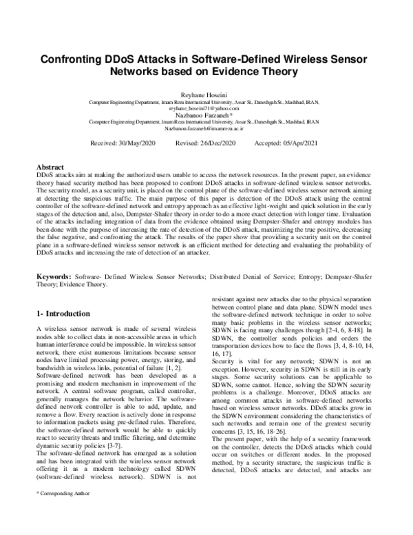 (PDF) Confronting DDoS Attacks in Software-Defined Wireless Sensor Networks based on Evidence Theory