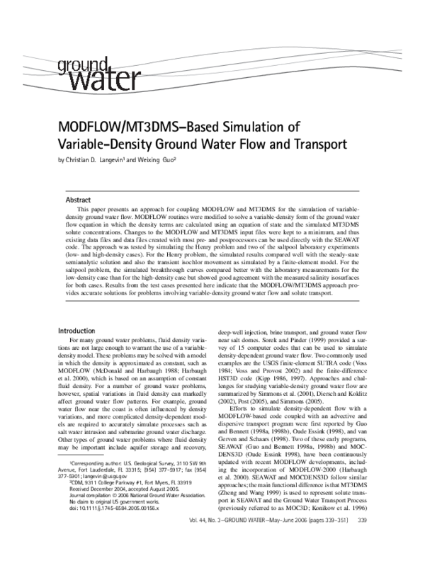 (PDF) MODFLOW/MT3DMS-based simulation of variable-density ground water flow and transport