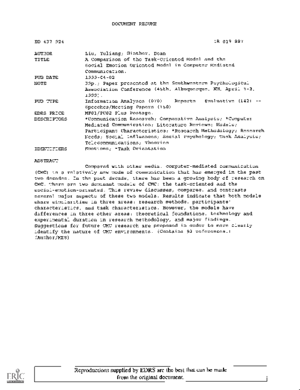 Pdf A Comparison Of The Task Oriented Model And The Social Emotion