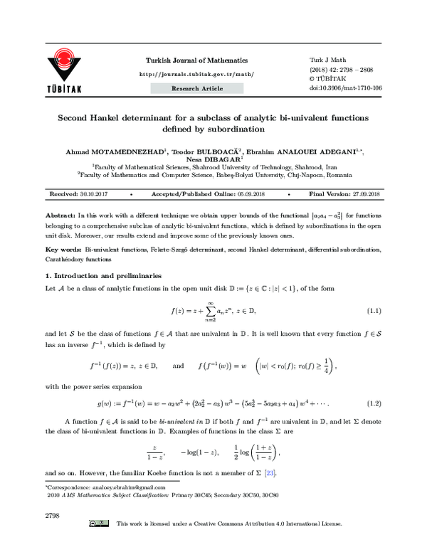 Pdf Second Hankel Determinant For A Subclass Of Analytic Bi Univalent Functions Defined By