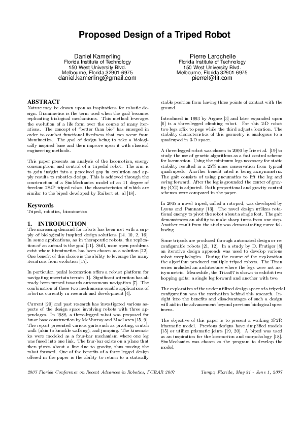 Pdf Proposed Design Of A Triped Robot Pierre Larochelle