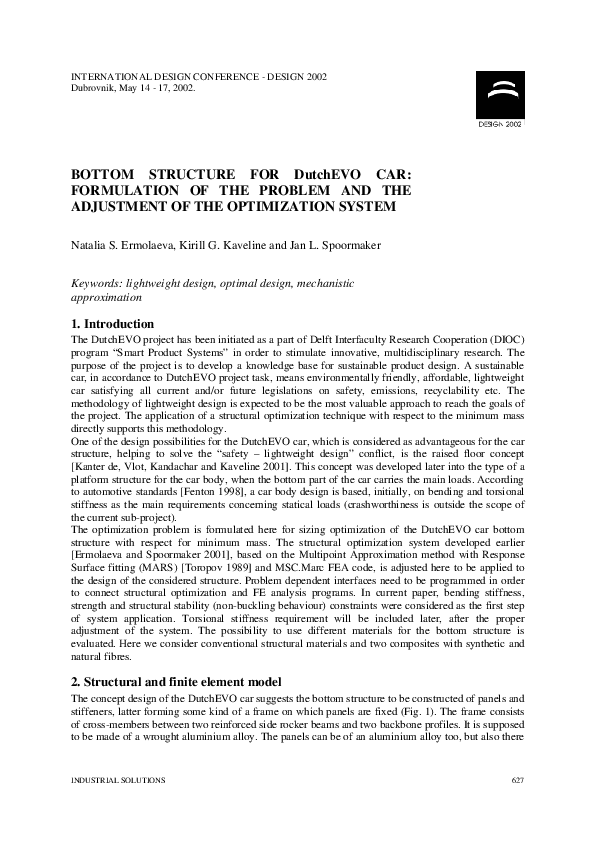 (PDF) Bottom Structure For DutchEVO Car: Formulation Of The Problem And ...