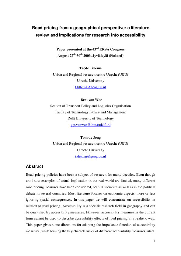 (PDF) Road pricing from a geographical perspective: a literature review ...
