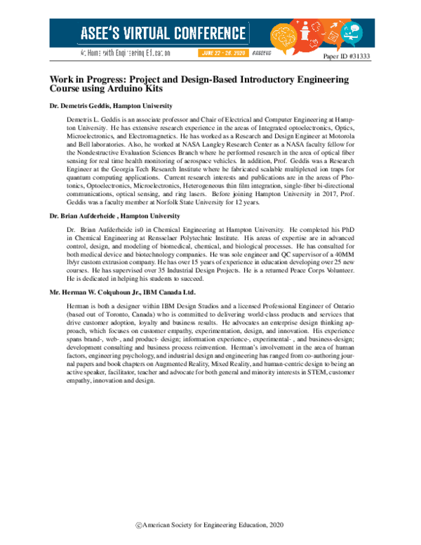 Pdf Work In Progress Project And Design Based Introductory Engineering Course Using Arduino Kits 8099