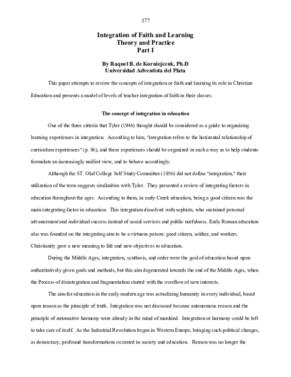 (PDF) 377 Integration of Faith and Learning Theory and Practice Part I By