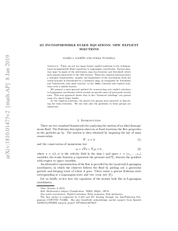 Pdf 2d Incompressible Euler Equations New Explicit Solutions