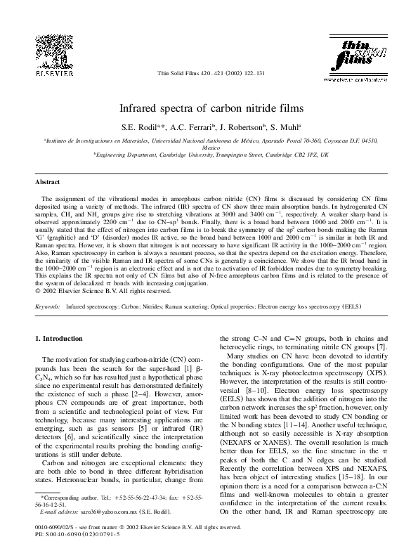 (PDF) Infrared spectra of carbon nitride films
