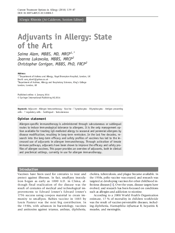 (PDF) Adjuvants in Allergy: State of the Art