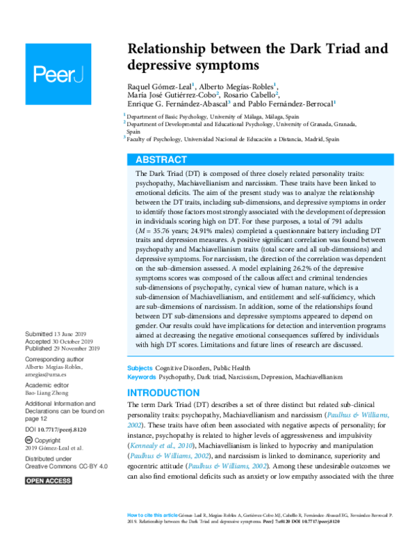 (PDF) Relationship between the Dark Triad and depressive symptoms