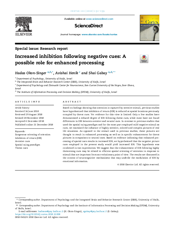 (PDF) Enhanced Inhibition from Negative Threat Cues