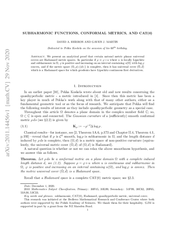 (PDF) Subharmonic Functions, Conformal Metrics, and CAT(0)