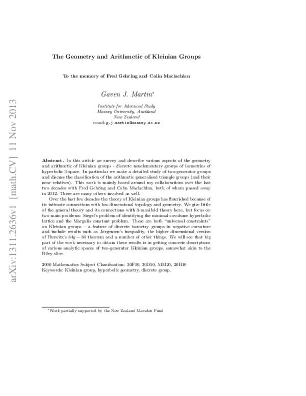 (PDF) The Geometry and Arithmetic of Kleinian Groups | Gaven Martin ...