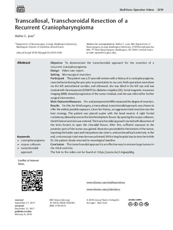 (PDF) Transcallosal, Transchoroidal Resection of a Recurrent ...