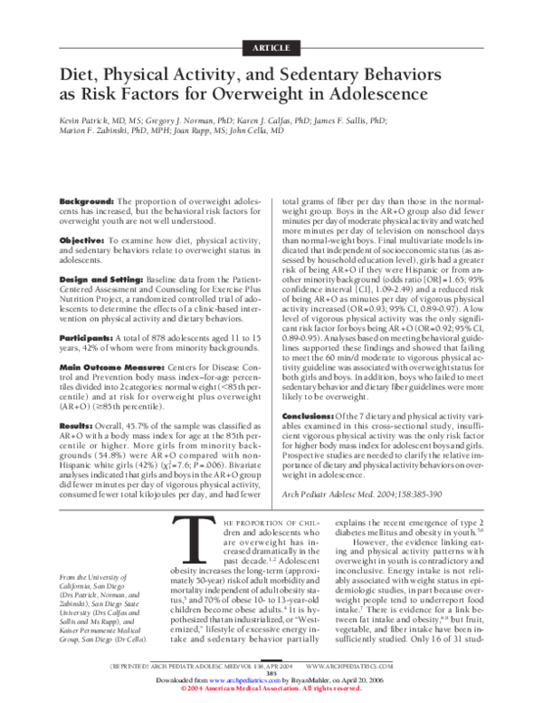 (PDF) Diet, Physical Activity, and Sedentary Behaviors as Risk Factors for Overweight in Adolescence