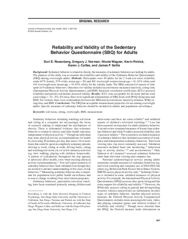 (PDF) Reliability and validity of the Sedentary Behavior Questionnaire ...