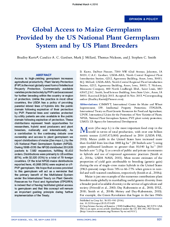 (PDF) Global Access to Maize Germplasm Provided by the US National ...