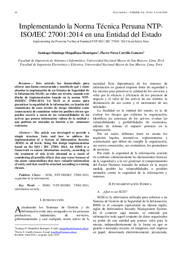 (PDF) Implementando la Norma Técnica Peruana NTP-ISO/IEC 27001:2014 en una Entidad del Estado