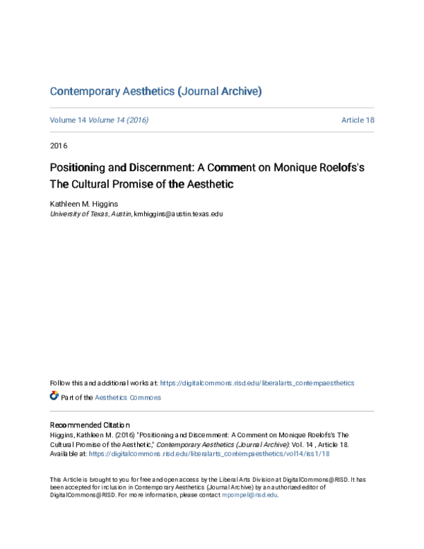 (PDF) Positioning and Discernment: A Comment on Monique Roelofs's The Cultural Promise of the ...