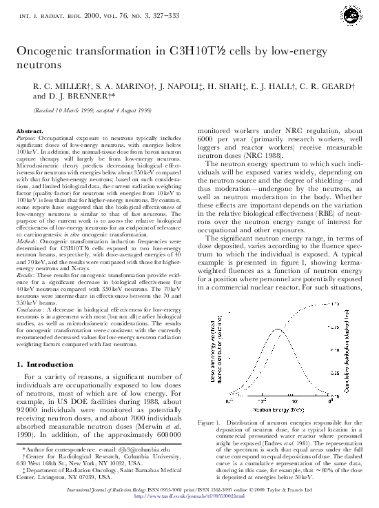 (PDF) Oncogenic transformation in C3H10T1/2 cells by low-energy neutrons