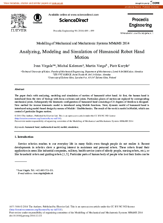(PDF) Analyzing, Modeling and Simulation of Humanoid Robot Hand Motion