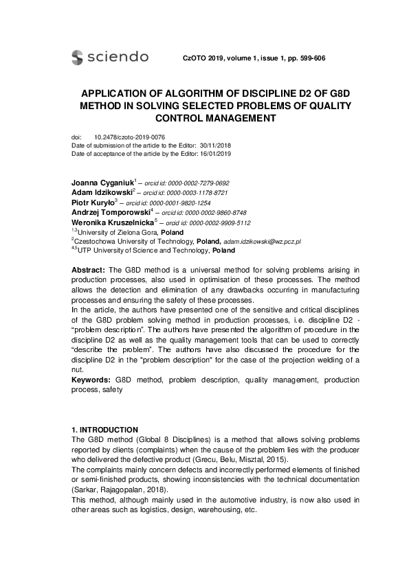 (PDF) Application of Algorithm of Discipline D2 of G8D Method in ...